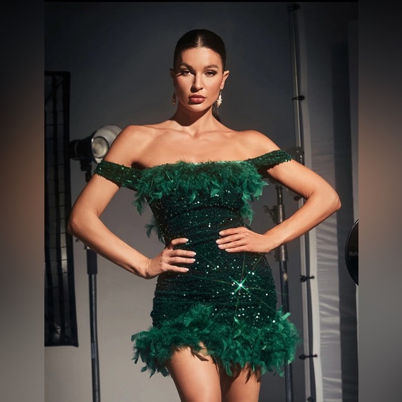 Dresses | Amaris Off Shoulder Sequin Feather Mini Dress In Green | Poshmark